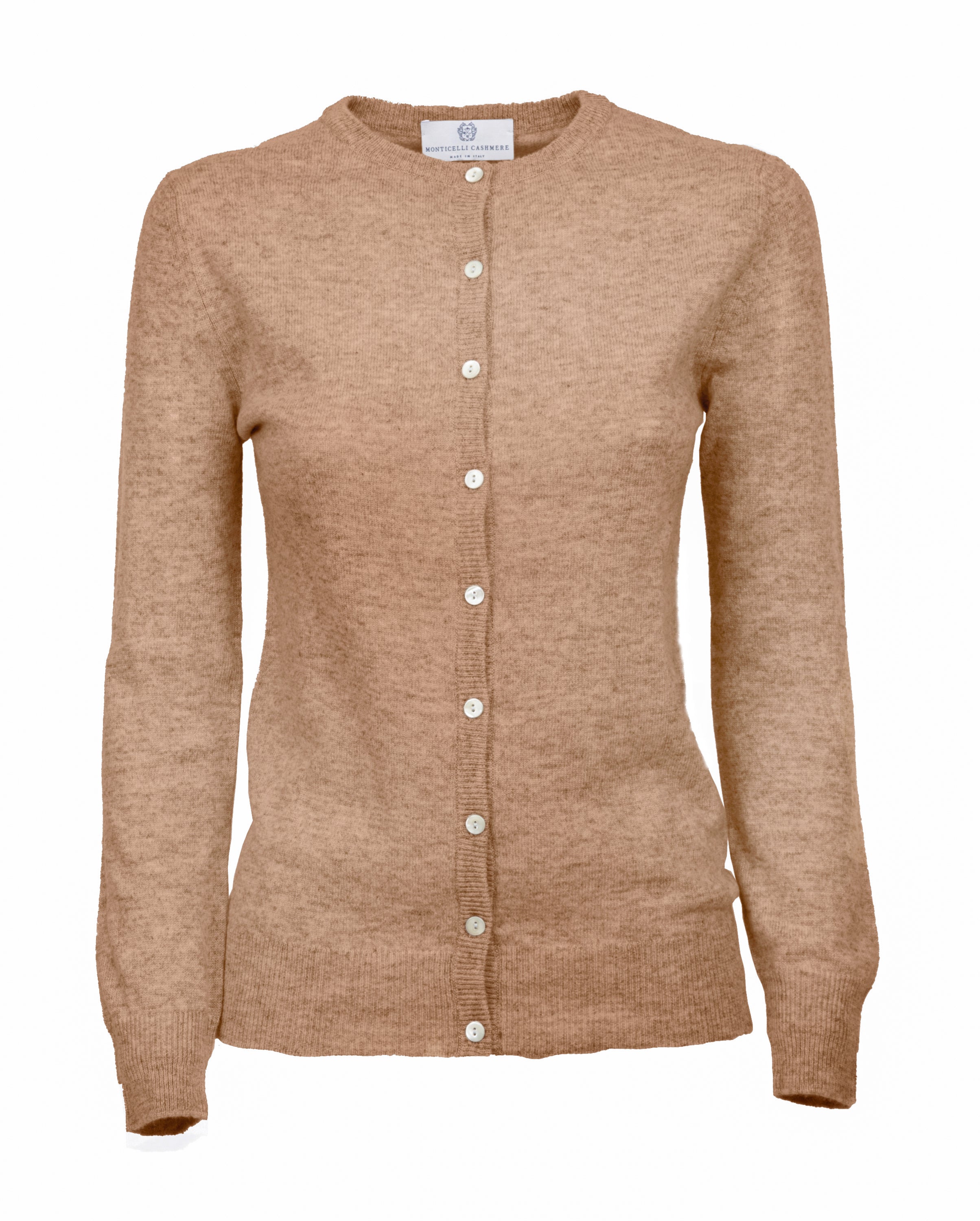 Women's Pure Cashmere Crewneck Cardigan Camel Made In Italy – Monticelli